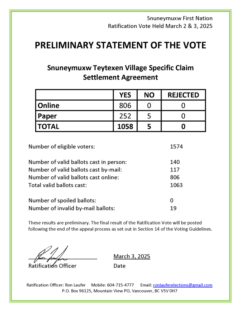 Teytexen Settlement Agreement Ratification - Snuneymuxw First Nation